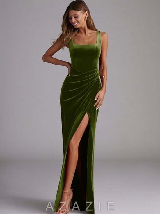 Azazie | Dresses | Azazie Olive Velvet Maxi Dress With Side Slit | Poshmark